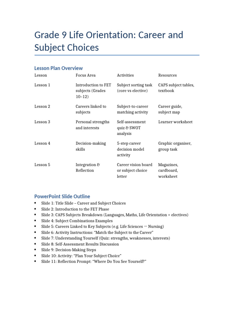 Grade 9 Career and Subject Choices Guide | PDF | Decision Making ...