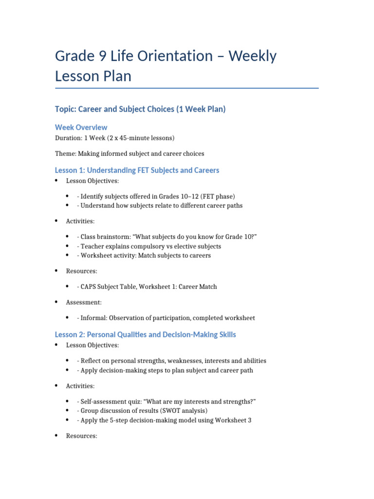 Grade 9 LO Weekly Lesson Plan Career Subjects | PDF