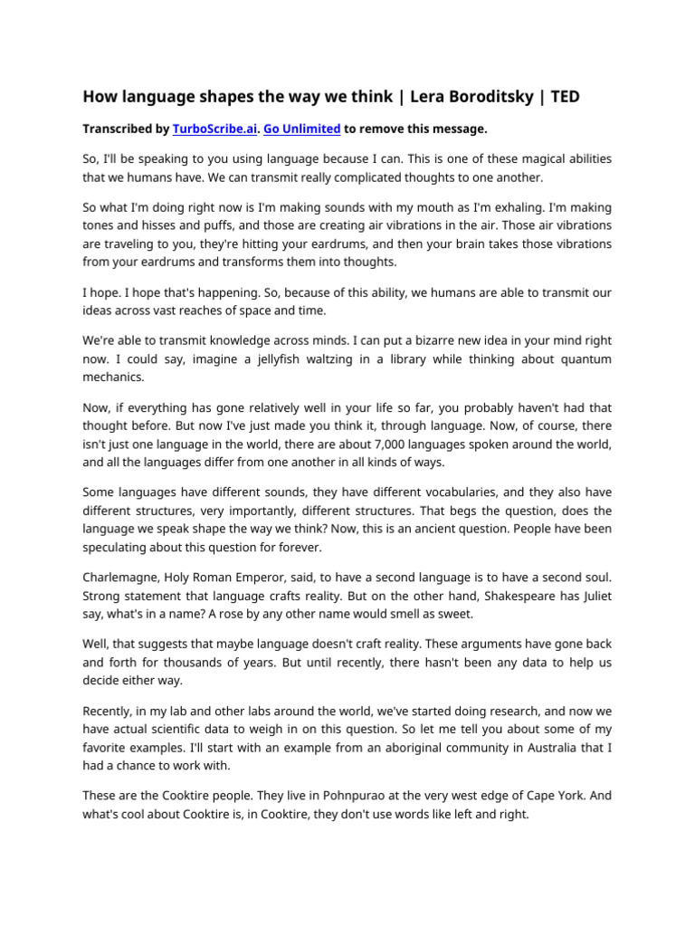 How Language Shapes The Way We Think - Lera Boroditsky - TED | PDF ...