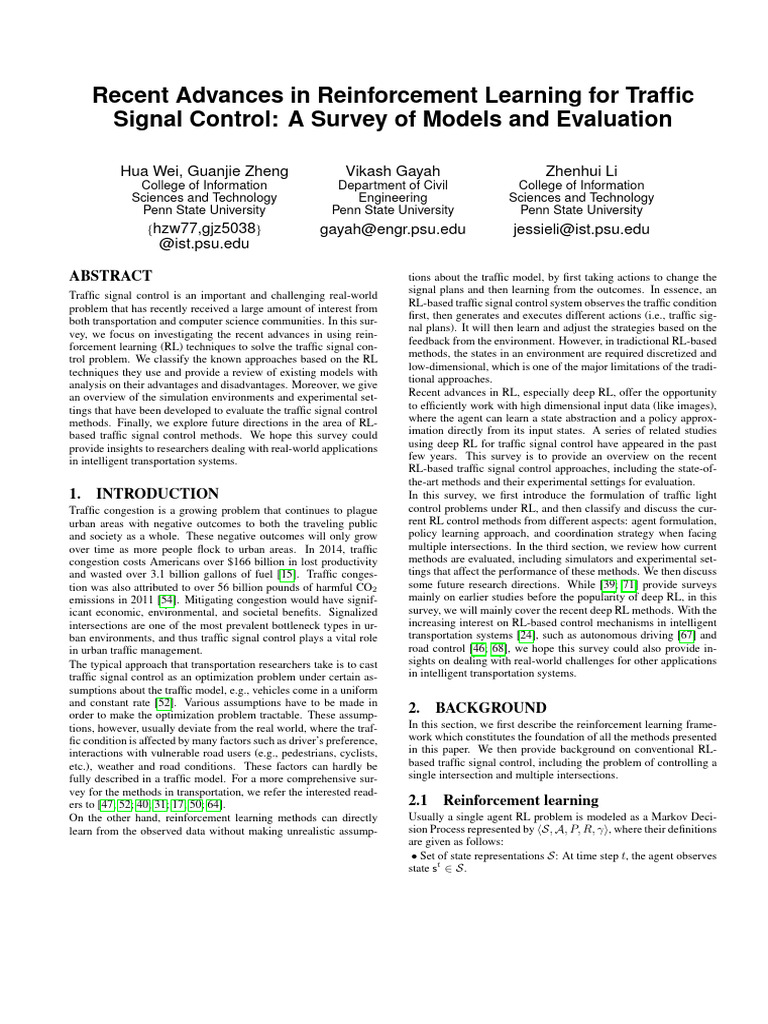 CR. 30. Recent Advances in Reinforcement Learning For Traffic Signal Control A Survey of Models ...