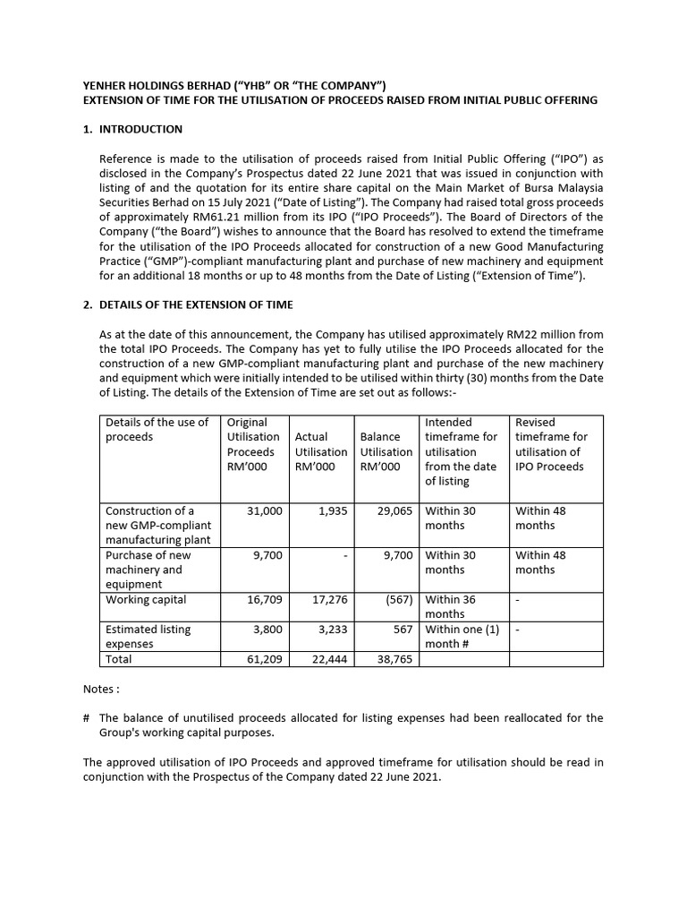 YHB Extends IPO Proceeds Utilization Period | PDF | Initial Public ...