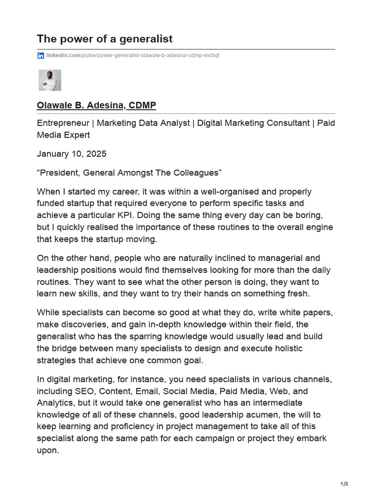 The Power of A Generalist | PDF