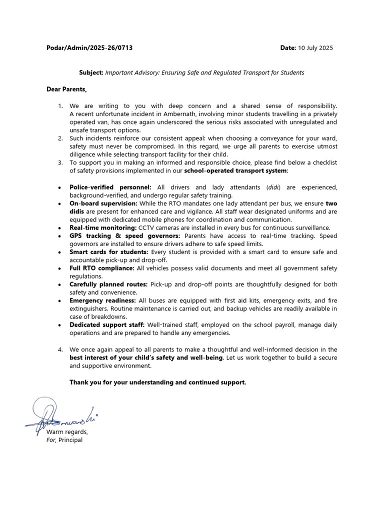 Safe Transport Circular For Parents | PDF | Safety | Transport