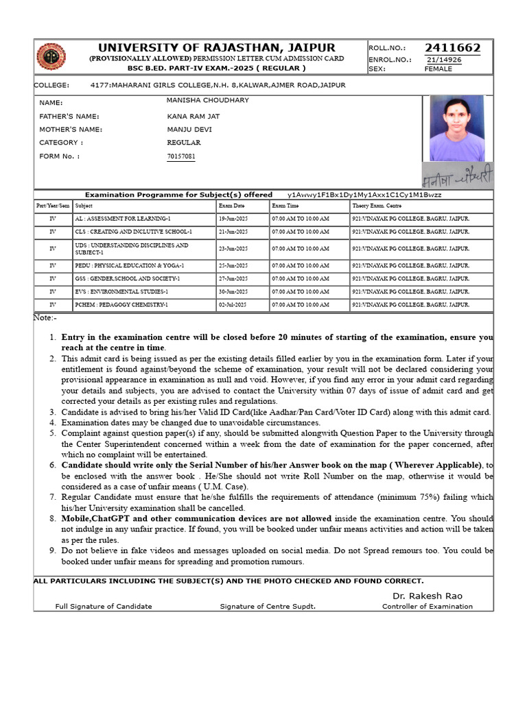 University of Rajasthan Admit Card | PDF
