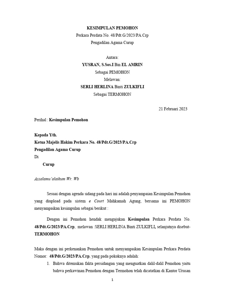 Kesimpulan Pemohon | PDF