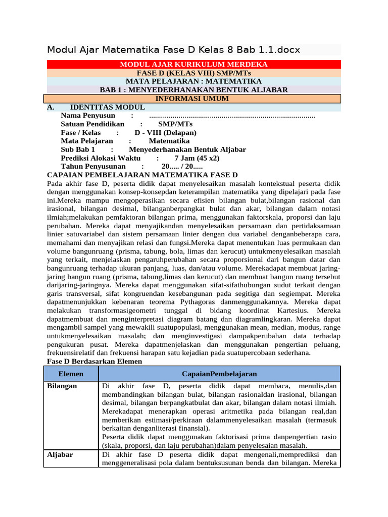Modul Ajar - Bentuk Aljabar | PDF