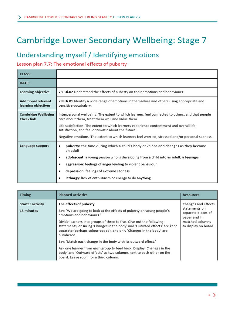 Wellbeing Lesson Plan 7.7 | PDF | Adolescence | Emotions