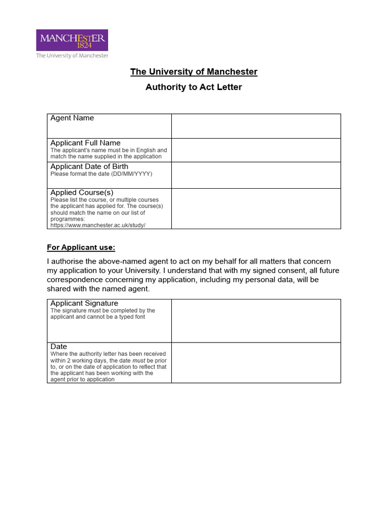UOM Admission Authority to Act Letter | PDF