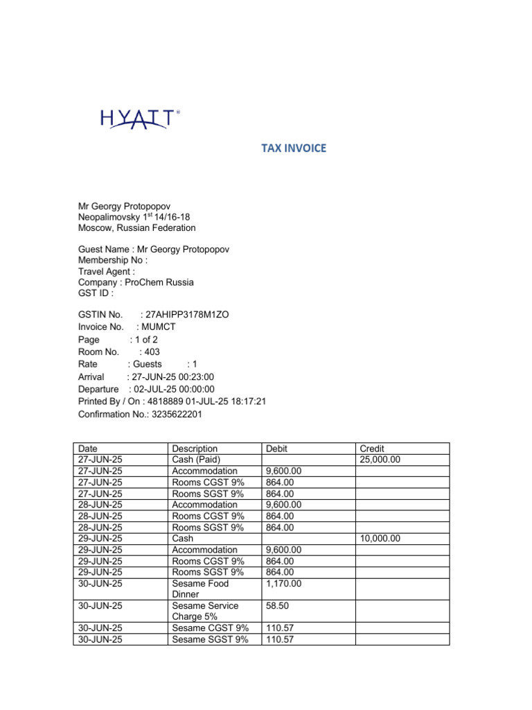 Hyatt Mumbai 27-2 Invoice Protopopov en | PDF | Invoice | Credit Card