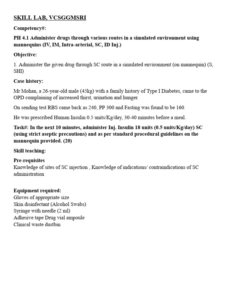 Skill Lab Cases - Check List | PDF | Injection (Medicine) | Catheter