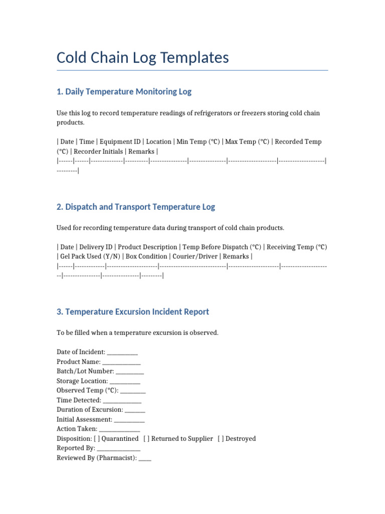 Cold Chain Log Templates Guide | PDF