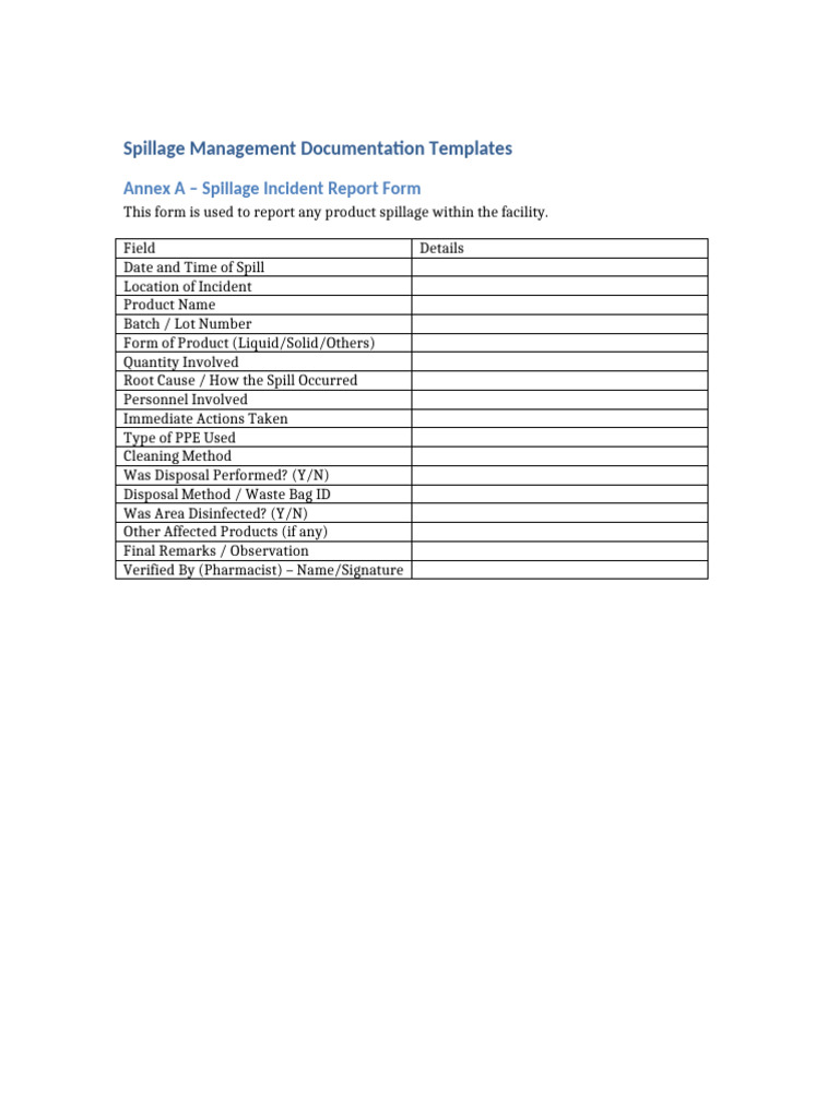 Spillage Management Templates | PDF