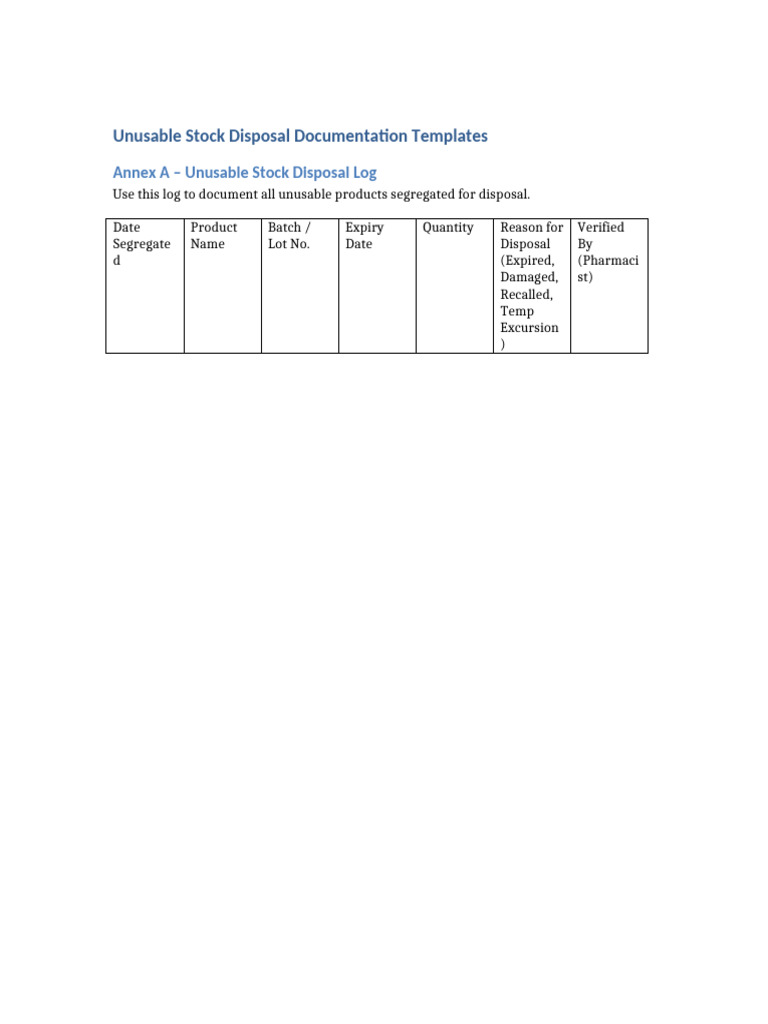 Unusable Stock Disposal Templates | PDF