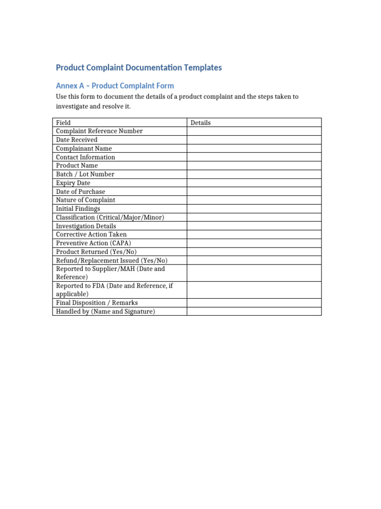 Product Complaint Templates | PDF