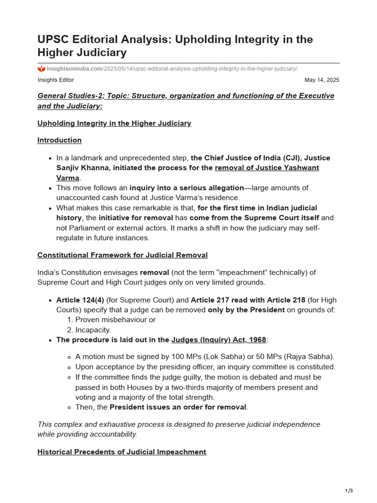 Upholding Integrity in India's Judiciary | PDF | Impeachment | Supreme ...