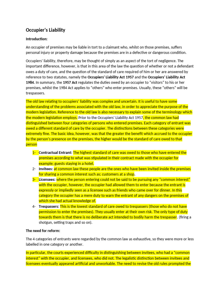 Occupier Liability Notes | PDF | Legal Liability | Duty Of Care