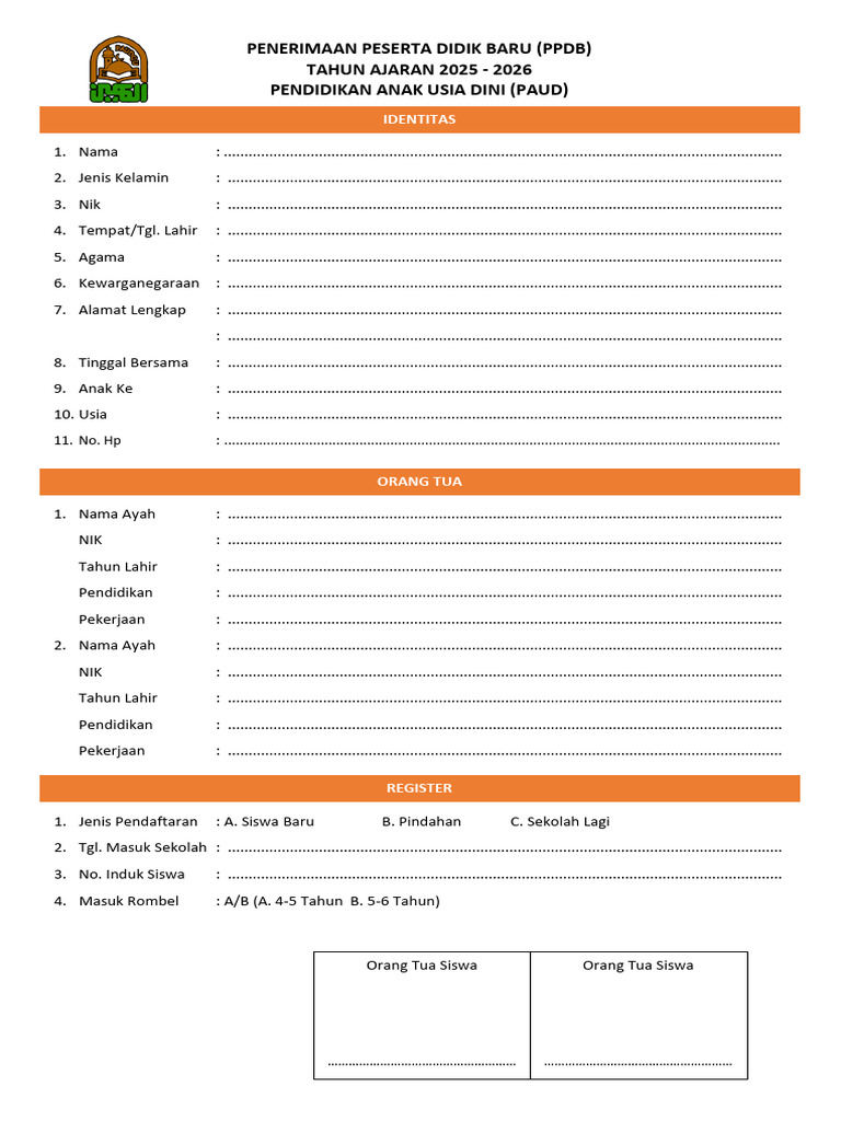 Form Penerimaan Siswa Baru Paud | PDF