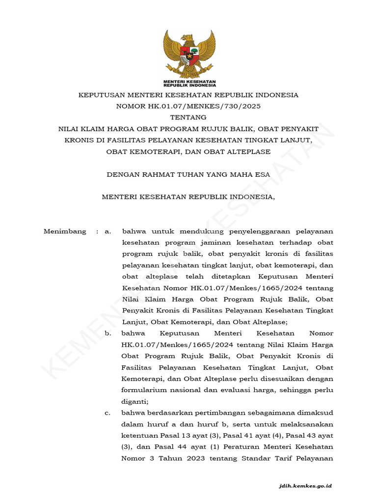 KMK No. HK.01.07-MENKES-730-2025 TTG Nilai Klaim Harga Obat Program ...