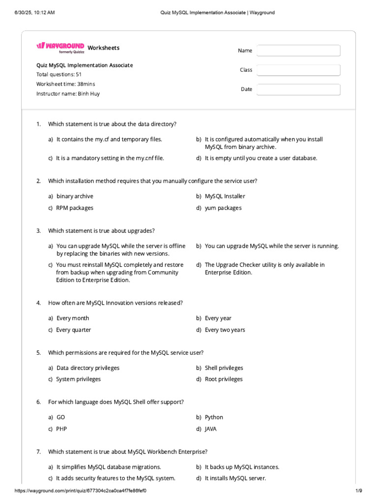 Quiz MySQL Implementation Associate - Wayground | PDF | My Sql | Databases