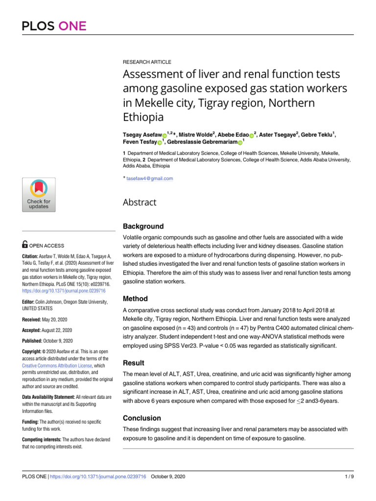 Assessment of Liver and Renal Function Tests | PDF | Gasoline | Kidney