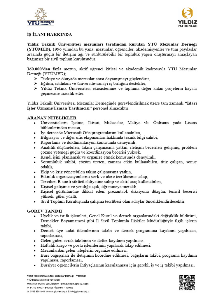 YTÜMED İdari İşler Uzmanı - Uzman Yardımcısı İlanı | PDF