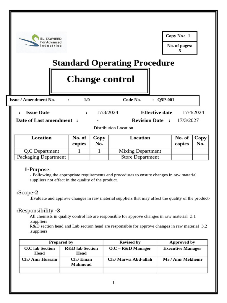 Change Control SOP | PDF