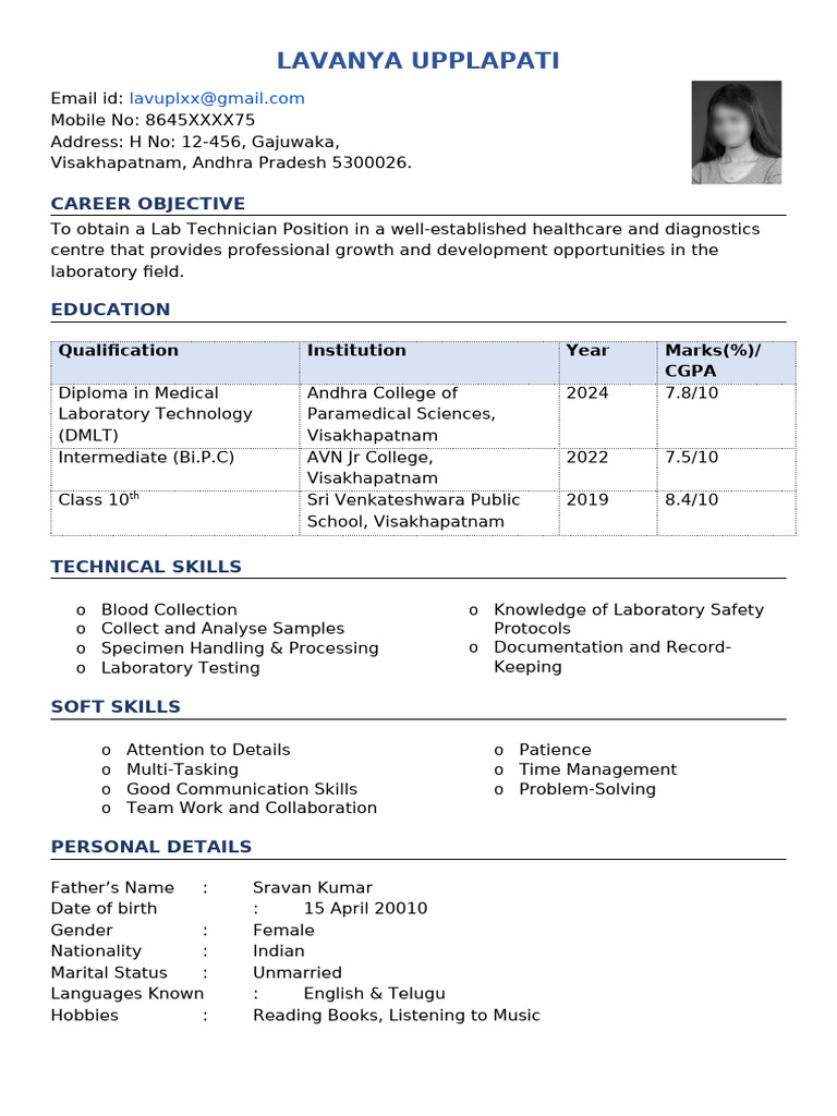 DMLT Lab Technician Resume | PDF