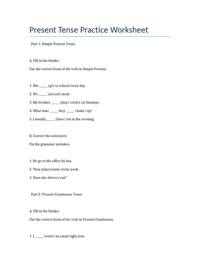 Present Tense Practice Worksheet | PDF