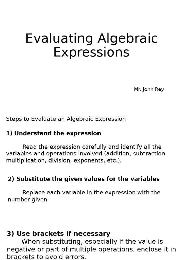 Steps to Evaluate Algebraic Expressions | PDF