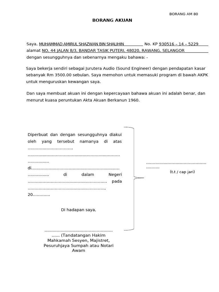 Borang Akuan AM 80 untuk AKPK | PDF