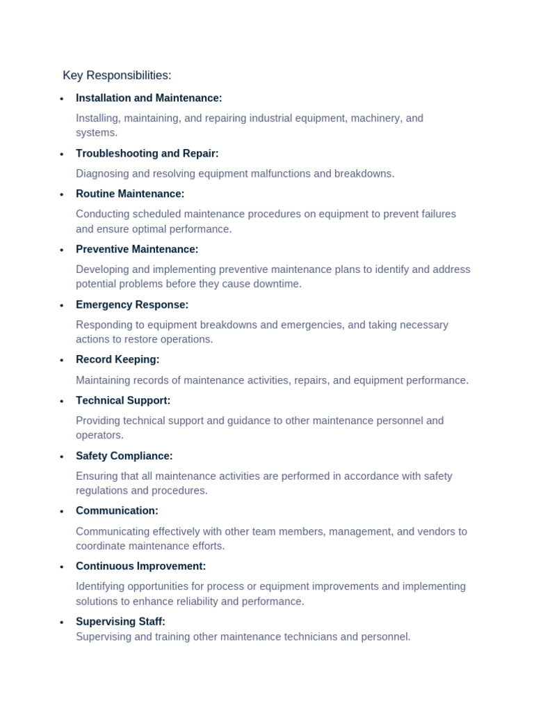 Maintenance Engineer Key Responsibilities | PDF