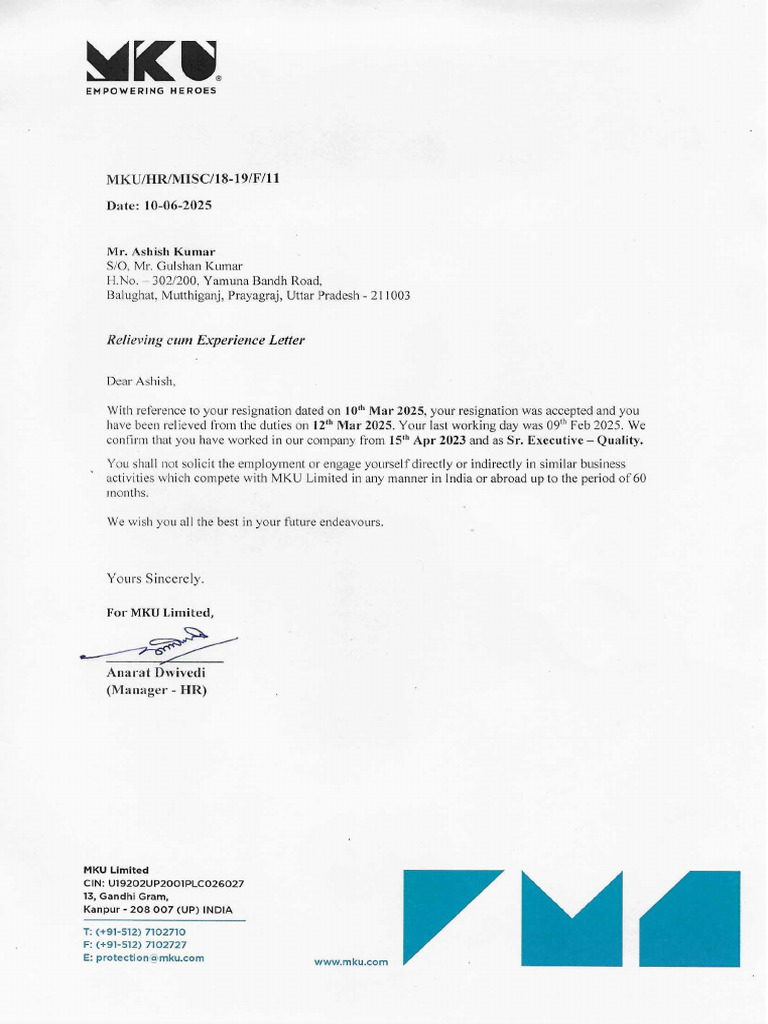 Relieving Cum Experience Certificate - Ashish Kumar | PDF