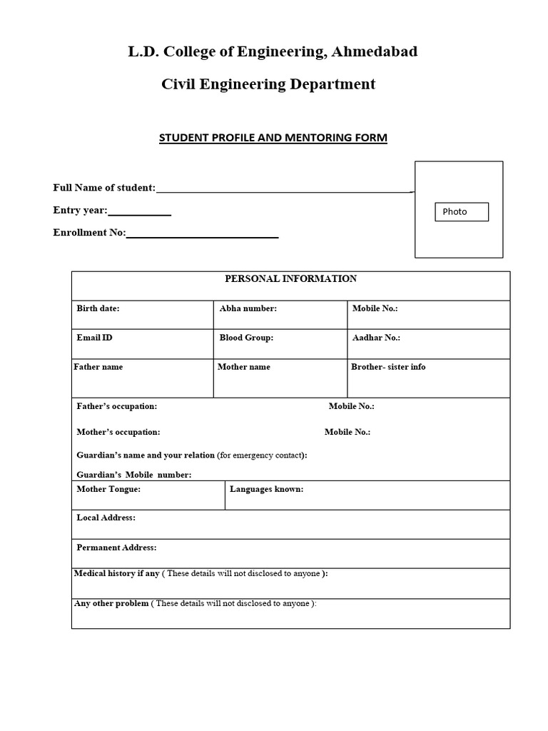 Student Mentoring Form - Civil | PDF
