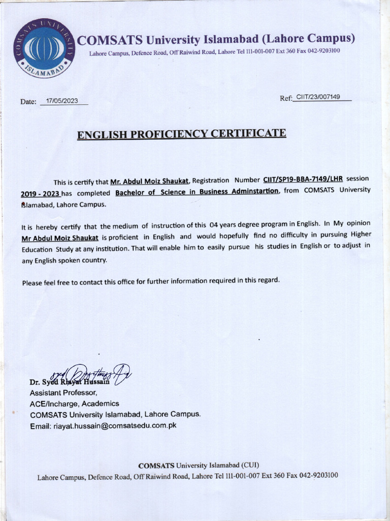 English Proficiency Letter | PDF