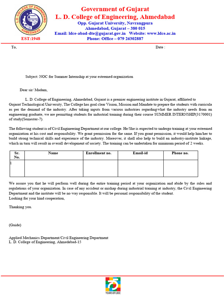 NOC for Summer Internship Request | PDF