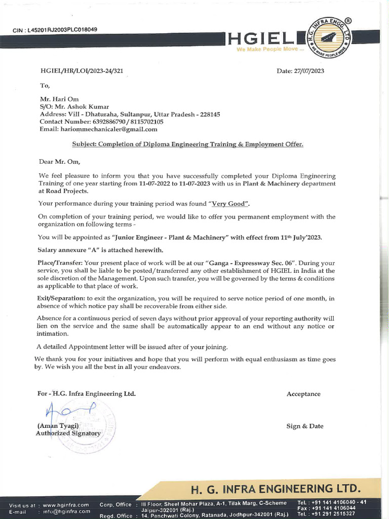 Employment Offer Letter - Mr. Hari Om (2023) | PDF