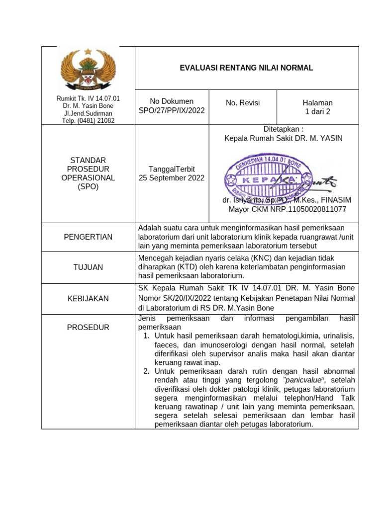 Prosedur Evaluasi Nilai Normal Laboratorium | PDF