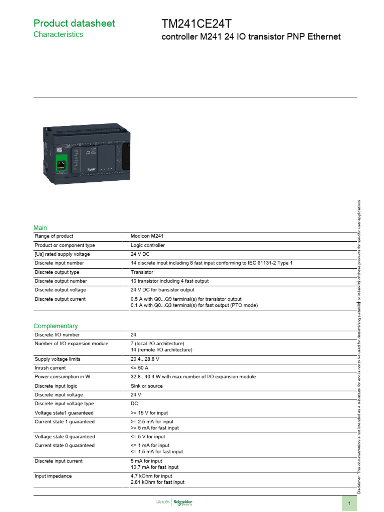 Modicon M241 Logic Controller Datasheet | PDF | Transistor | Bipolar ...