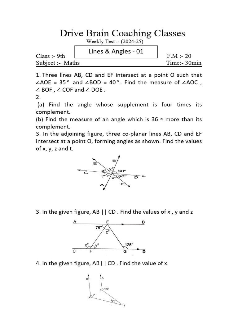 Angles and Lines Worksheet for Grade 9 | PDF