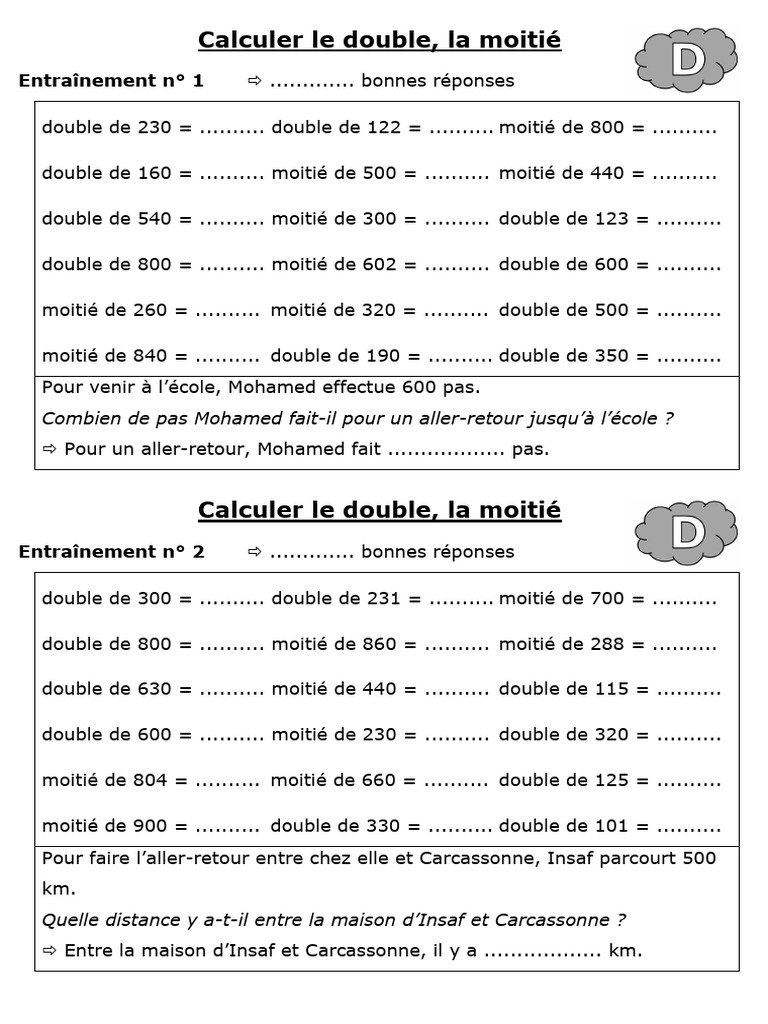 Exercices sur doubles et moitiés CM1-CM2 | PDF