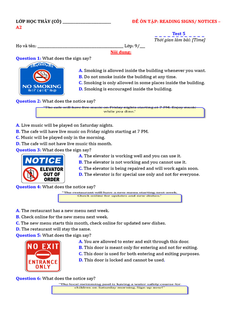 Reading Signs and Notices Worksheet | PDF | Gastronomy | Restaurants
