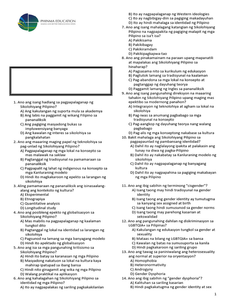 P3 Long Quiz Filipino Psychology | PDF