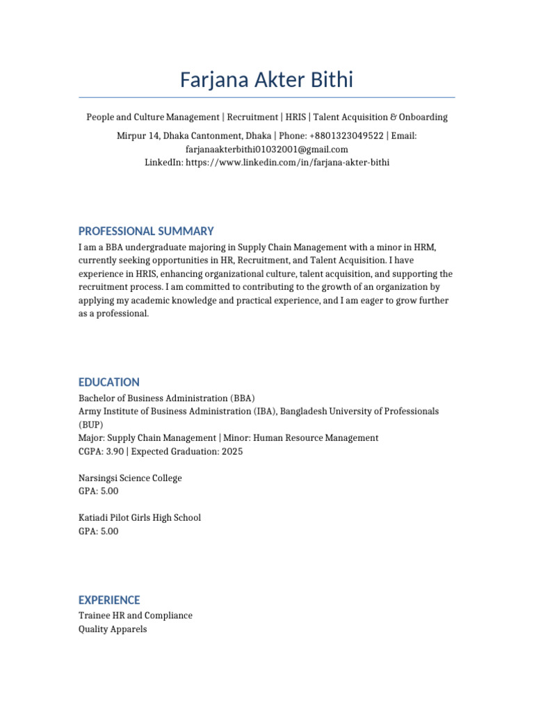 Farjana Akter Bithi Template Style CV | PDF
