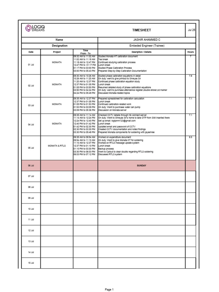 Timesheet Logiqdreams Jashir Ahammed 05 July 2025 | PDF | Software ...