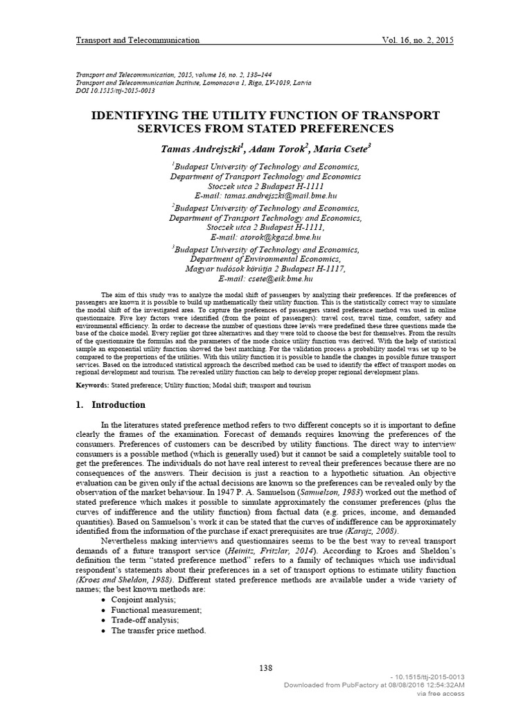 Identifyingy The Utility Function of Transport Ser | PDF | Utility | Matrix (Mathematics)