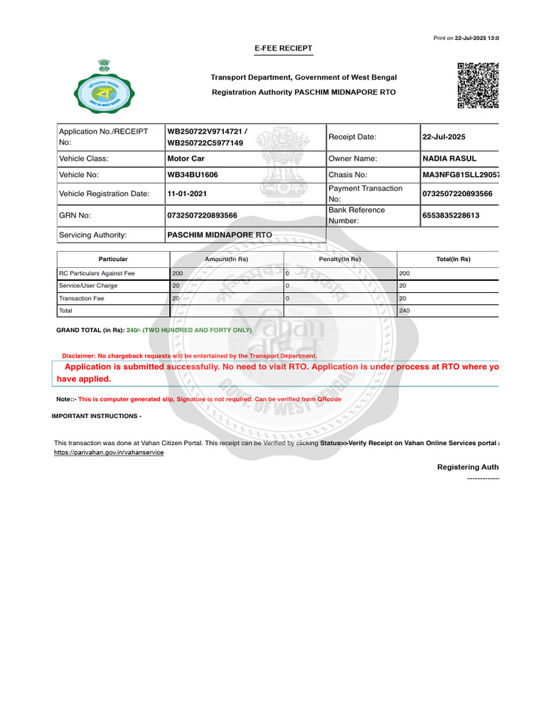 Vahan 4.0 Citizen Services Receipt | PDF | Receipt | Transport
