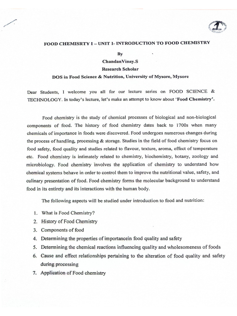 Food Chemistry 1 Unit 1 - Introduction | PDF