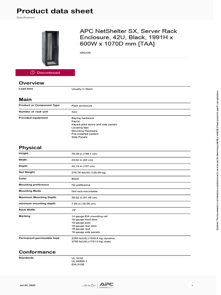 APC AR3100 42U Rack Specifications | PDF
