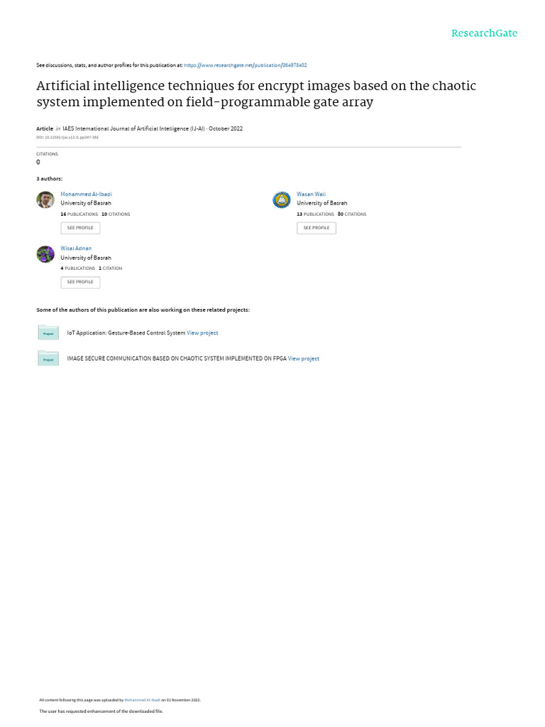 Artificial Intelligence Techniques For Encrypt Images Based On The | PDF | Chaos Theory | Field ...