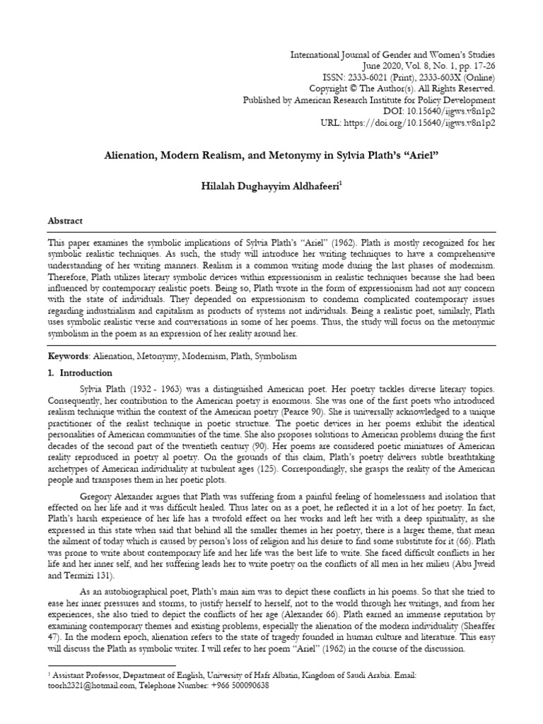 Alienation, Modern Realism, and Metonymy in Sylvia Plath's "Ariel ...